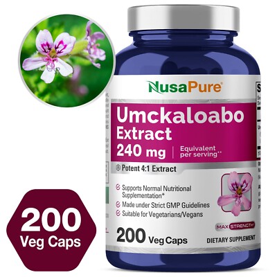 NusaPure Umckaloabo Extract 240mg 200 Veggie Caps Vegetarian, Non-GMO ...
