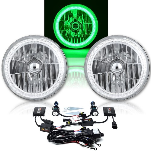 7" Green COB LED Halo Angel Eye Headlamp Headlight H4 HID 6000K Light ...