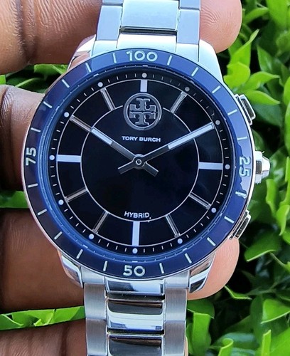 Tory Burch Collins Hybrid Smartwatch Blue Dial Silver Stainless Watch ...