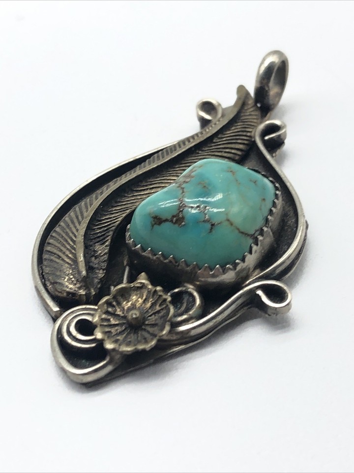 Turquoise Sterling Silver Pendant With Leaf Design 10.4g 2” | eBay