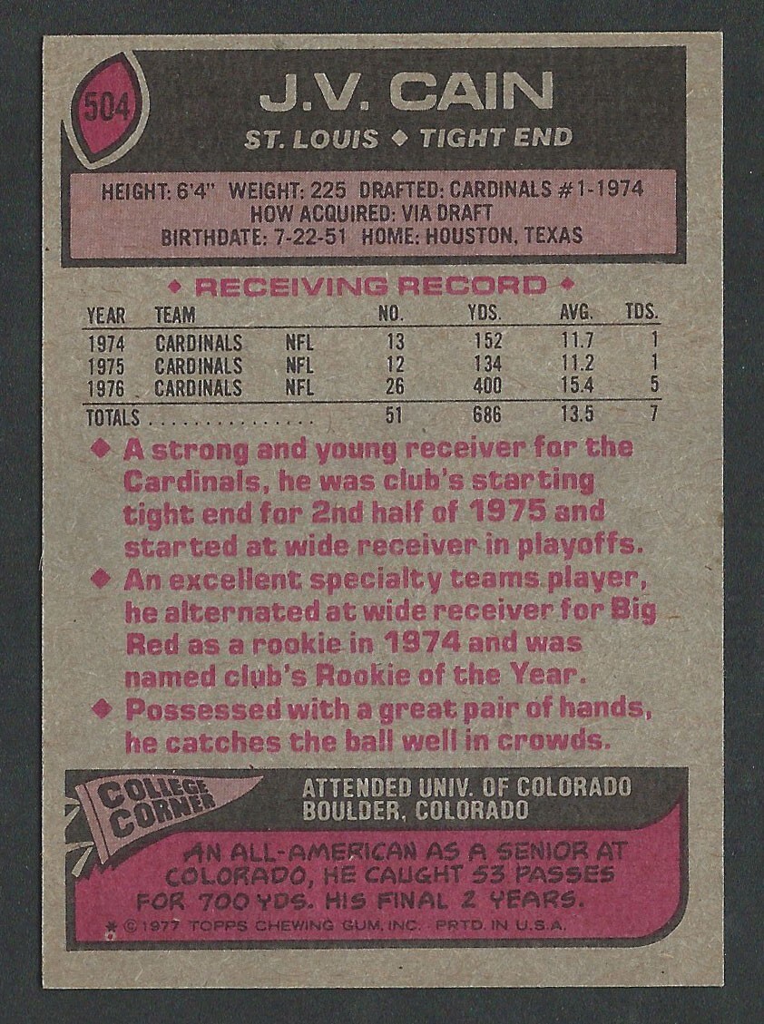 1977 Topps #504 J. V. CAIN St. Louis Cardinals ROOKIE - Crease Free ...