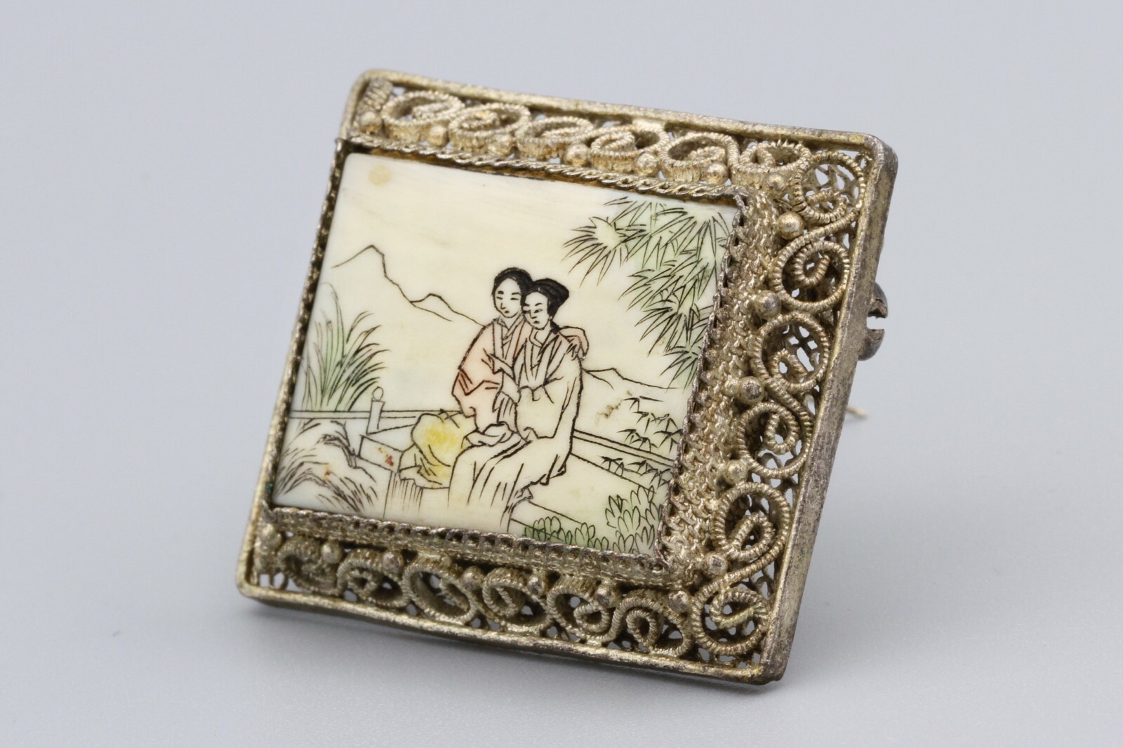 Hand Painted Sterling Silver Filigree Brooch, Antique Chinese Export ...