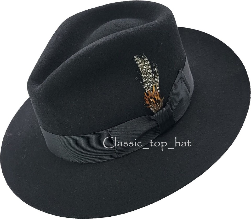 100% Wool Felt Classic Godfather Gangster Mobster Gentleman Fedora Hat ...
