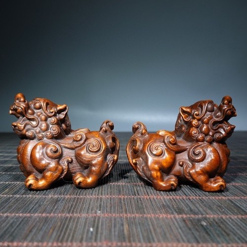 2pcs Old Artifacts Exquisite Boxwood Carving Pixiu Statue Art Ornaments ...