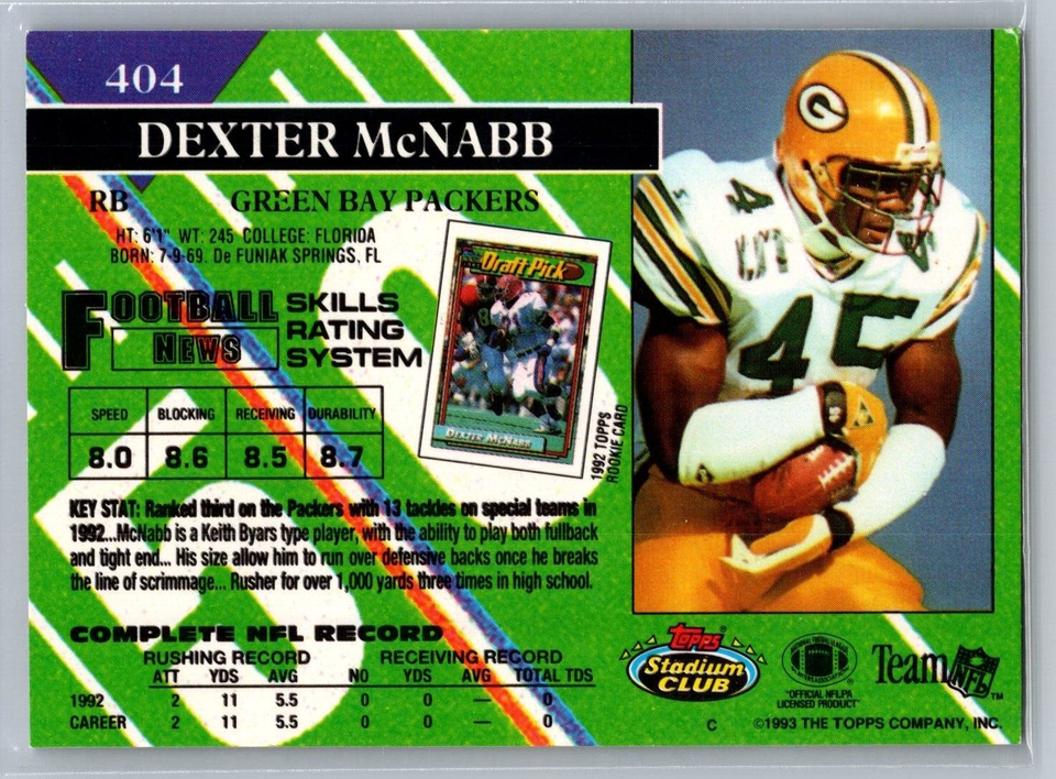1993 TOPPS STADIUM CLUB CARD # 404 Dexter McNabb - Green Bay Packers | eBay