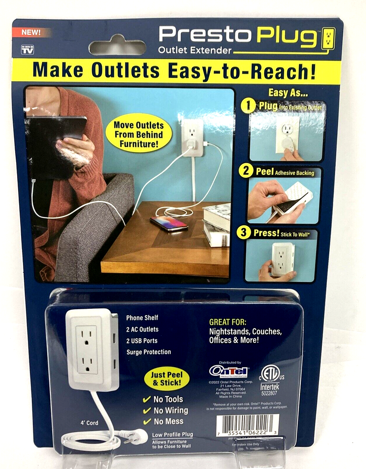 Presto Plug Wall Outlet Extender 4 ft Cord Peel & Stick As Seen On TV 2 ...