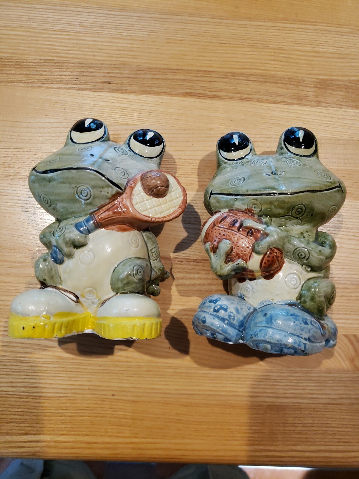 Set of 2 Glazed Ceramic Frog Banks, 1 Football Player and 1 Tennis ...