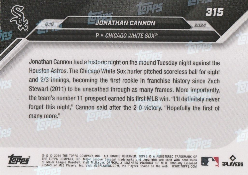 Jonathan Cannon Call-Up White Sox 2024 MLB TOPPS NOW Card 315 | eBay