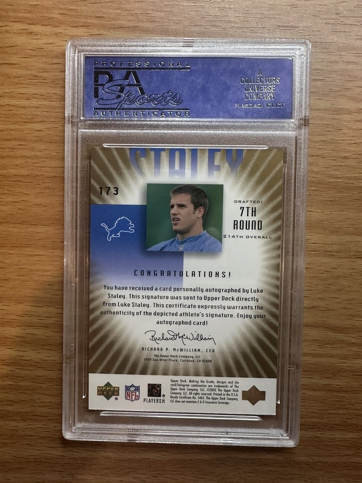Luke Staley - 2002 UD Graded Rookie Autograph RC Auto #173 /75 SP PSA 9 ...