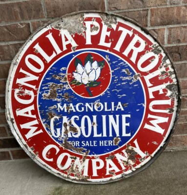 ORIGINAL MAGNOLIA GASOLINE PETROLEUM OIL COMPANY SIGN 30”DOUBLE SIDED ...