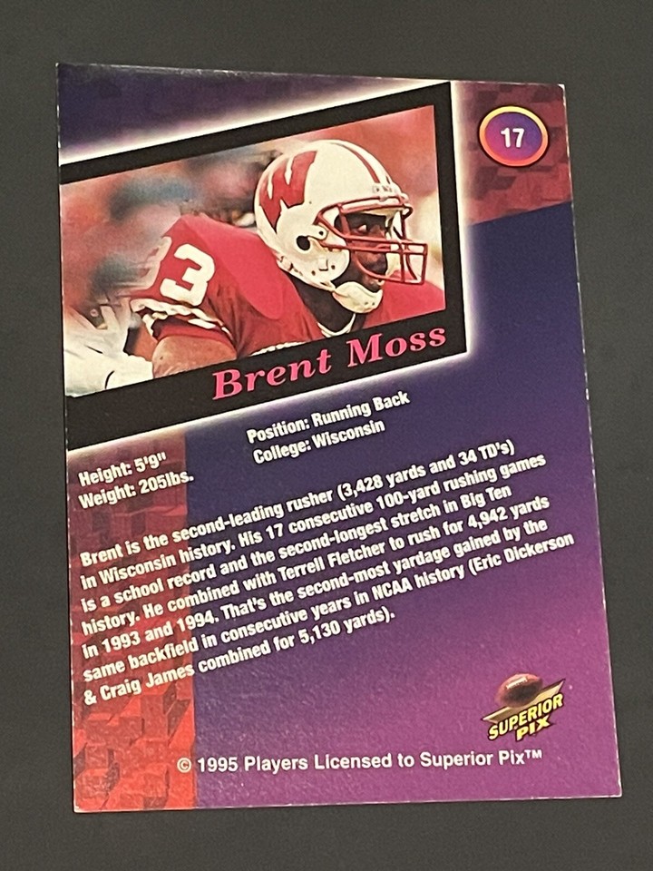 1995 Superior Pix RB Brent Moss Wisconsin Badgers AUTO RC Dolphins 3315 ...