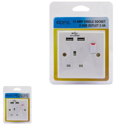 13AMP SINGLE SOCKET SWITCH USB PLUG 2 GANG POWER ELECTRIC WHITE POWER ...