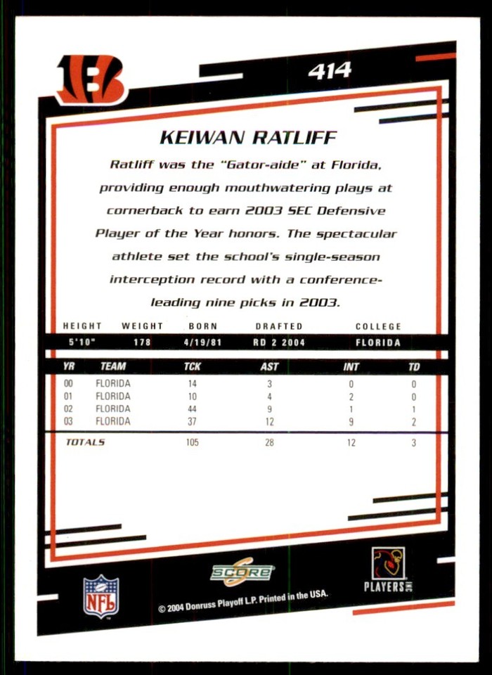 2004 Score Keiwan Ratliff Rookie Cincinnati Bengals #414 NFL Football ...
