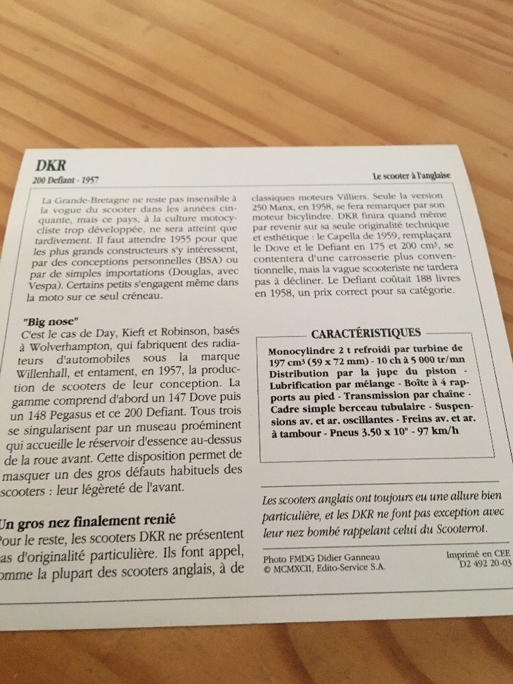Scooter DKR 200 Defiant 1957 Carta Moto Collezione Atlas UK | eBay