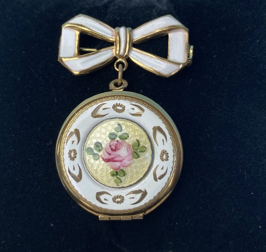 Vintage Retro Era Gold Bow with Round Guilloche Pink Rose Locket Pin ...
