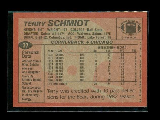 Vintage 1983 TOPPS Football Trading Card #37 TERRY SCHMIDT Chicago ...
