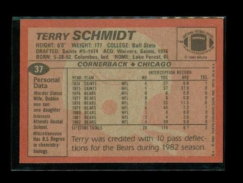Vintage 1983 TOPPS Football Trading Card #37 TERRY SCHMIDT Chicago ...
