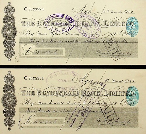 1922 ENGLISH CHECKS AYR CLEARING HOUSE ROYAL BANK OF SCOTLAND- E7H | eBay