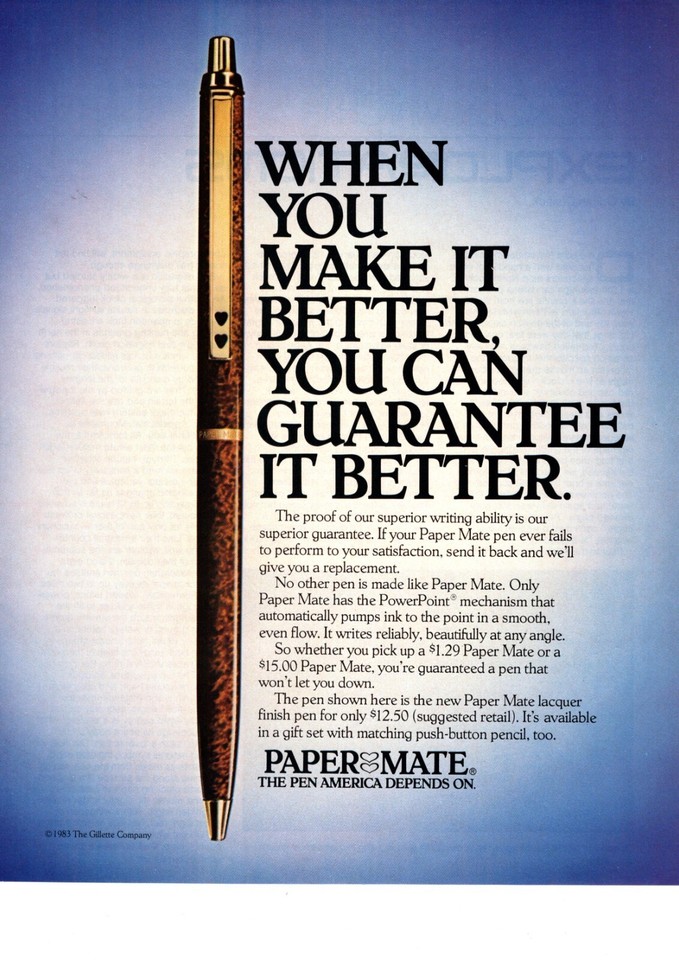 1983 PAPER MATE LACQUER FINISH PEN PRINT AD, WRITING INSTRUMENT PRINT ...
