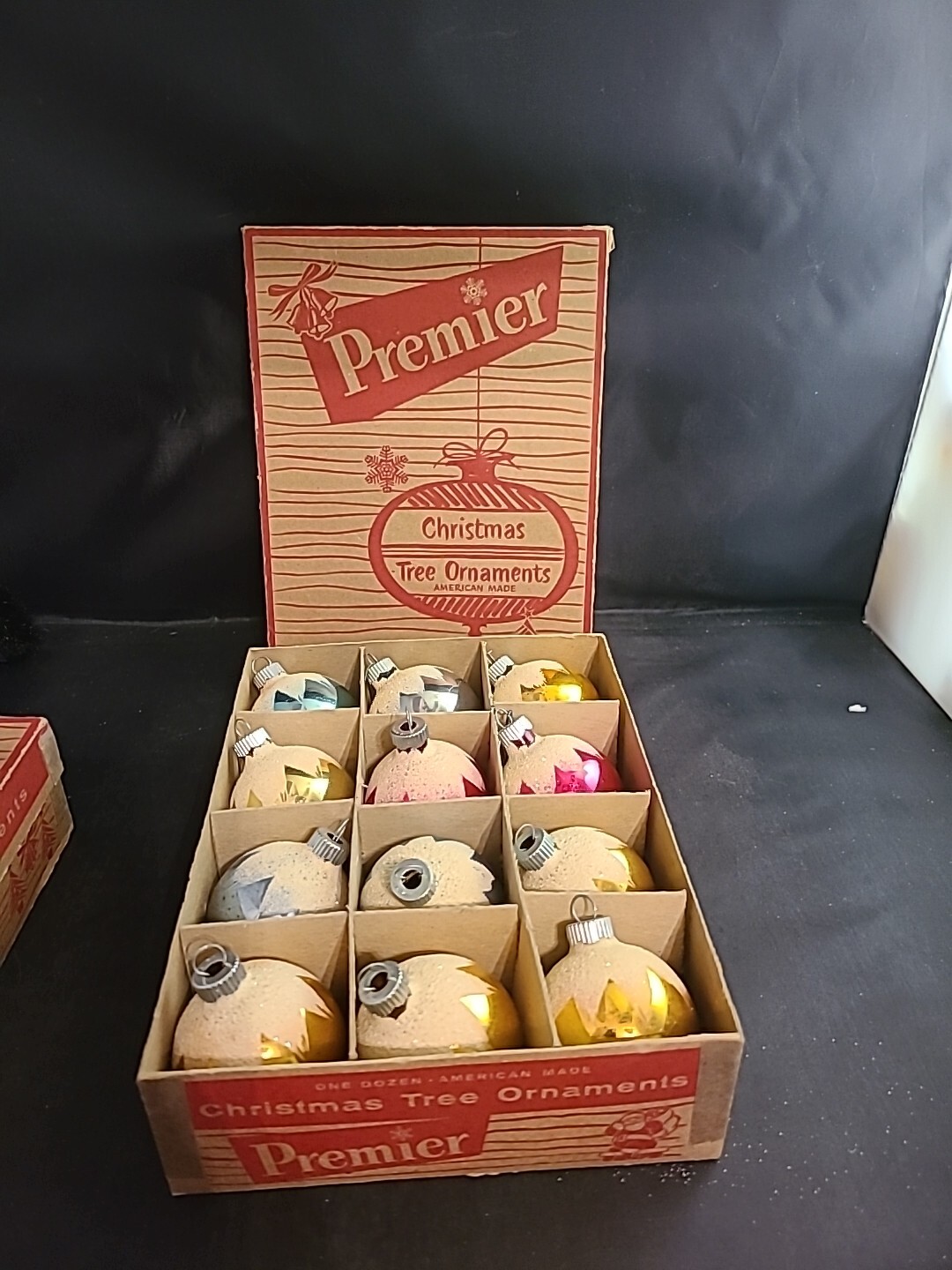 12 Vintage SHINY BRITE GLASS CHRISTMAS ORNAMENTS—PREMIER BOX Mica ...