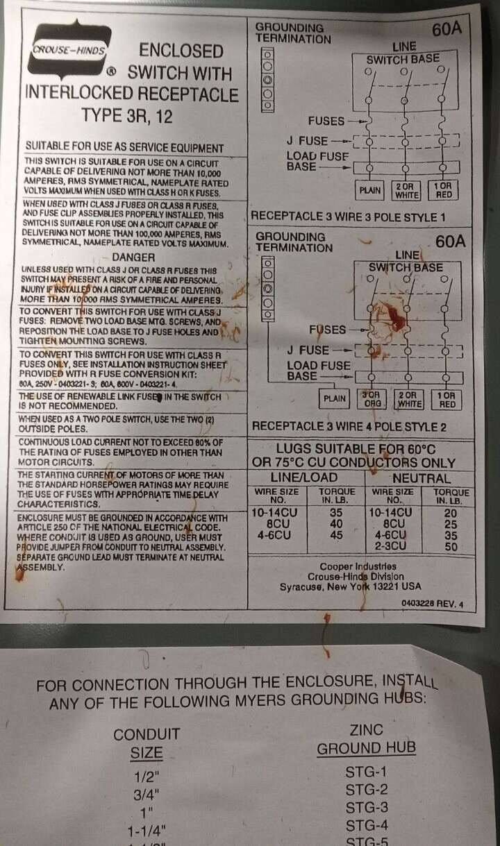 CROUSE HINDS 60 AMP FUSED 3R SAFETY SWITCH 3 POLE W/ ARKTITE 600 VAC ...
