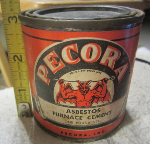 1 lb tin can PECORA ASBESTOS FURNACE CEMENT Devil Satan Logo VTG paper ...