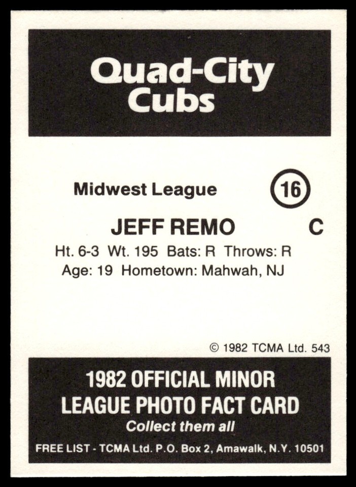 1982 TCMA Quad City Cubs Jeff Remo Quad City Cubs #16 | eBay