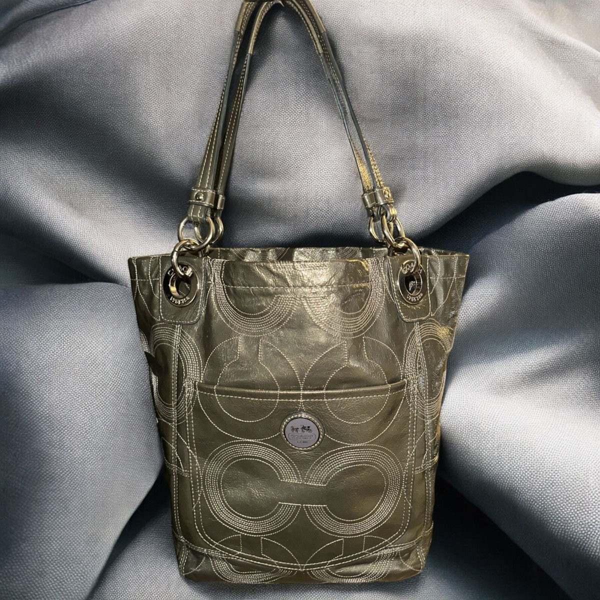 Coach Purse Womens 10x10 Gray Patent Leather Alex Signature Coach Purse Womens 10x10 Gray Patent Leather Alex Signature