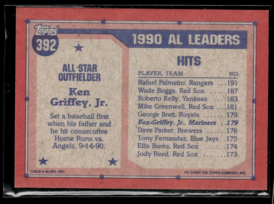 1991 Topps #392 Ken Griffey, Jr. Mariners Baseball Card 1302A | eBay