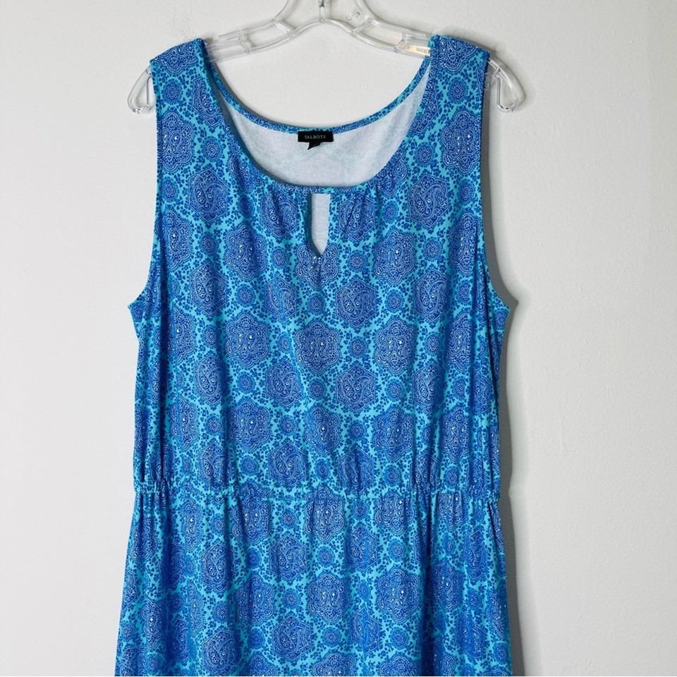Talbots blue white paisley summer stretch preppy coastal ruffle maxi ...