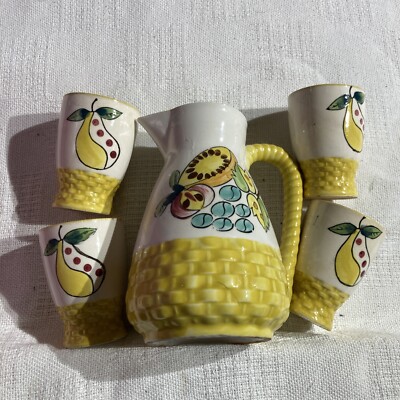 Vtg Whimsical Fruit Pattern Ceramic Juice Pitcher And Cups 5 Piece Set ...