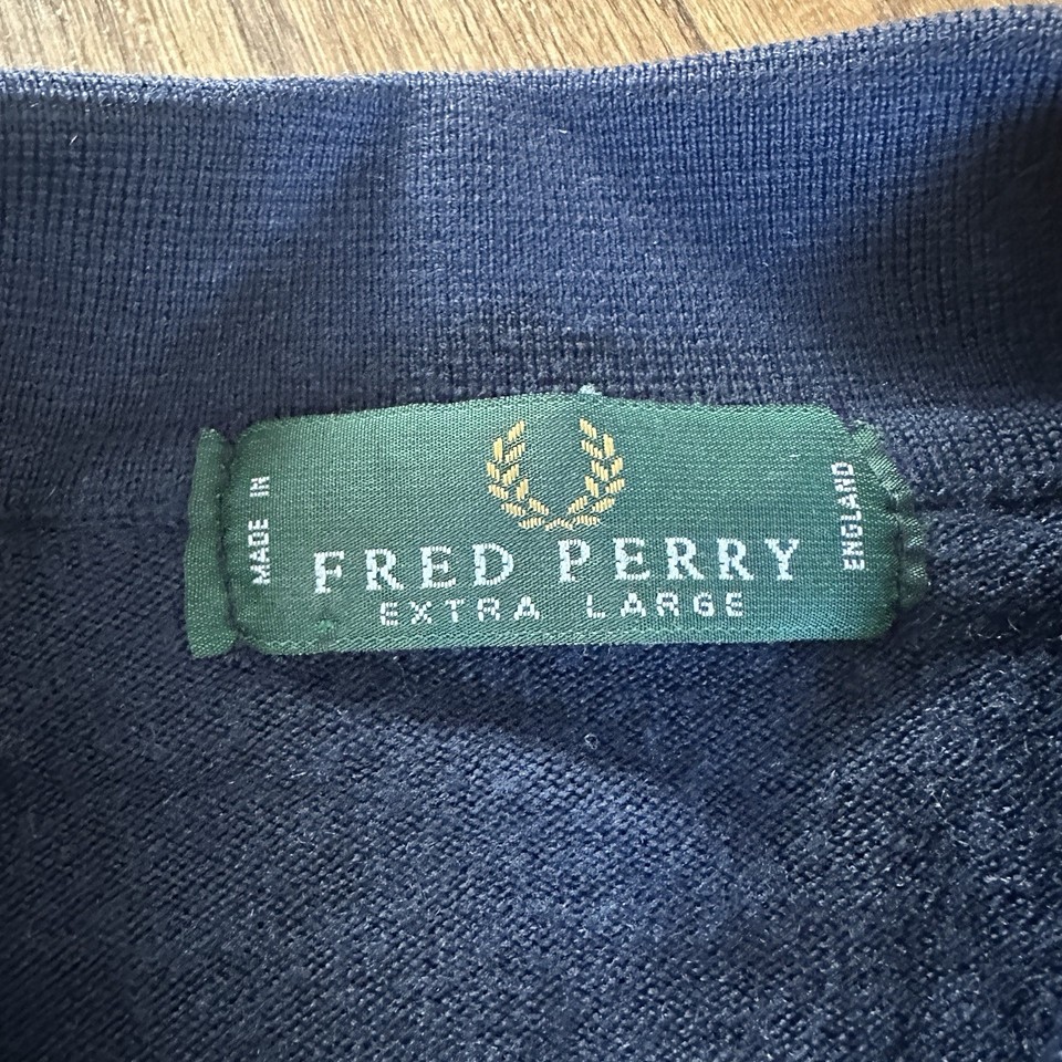 Fred Perry Mens XL 100% Merino Wool Lightweight Dark Blue Collared Knit ...