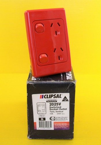 Clipsal 2025V Switched Socket Outlet Red Twin Vertical 10A 250VAC (Pack ...