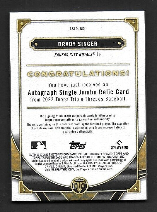 2022 Topps Triple Threads Auto Single Jumbo Relic, Brady Singer, Royals ...