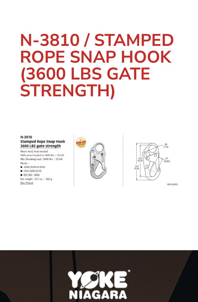 2-Pack, Line Yoke Niagara Safety Products N-3810 Rope/Cable Snap Hook ...