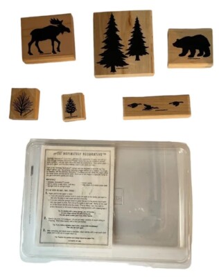 Stampin’ Up Definitely Decorative 1998 6-piece Moose Bear Birds Pines ...