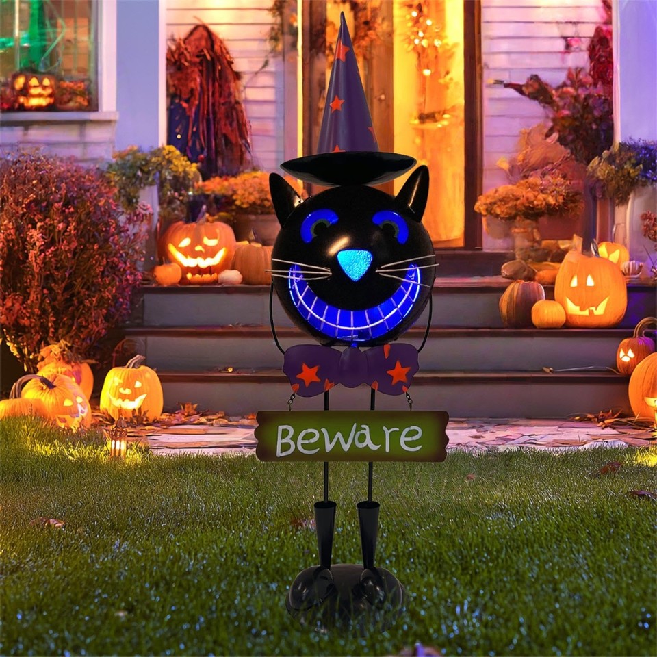 Solar Black Cat Halloween Decorations Outdoor- Black Cat Figurine with ...