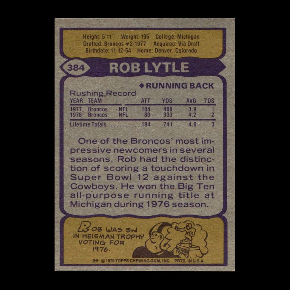 Rob Lytle 1979 Topps Denver Broncos #384 R311A 9 | eBay