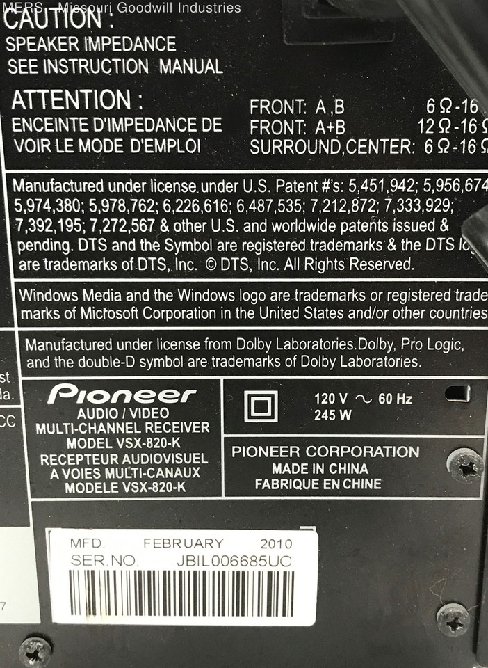 Pioneer Audio/Video Multichannel Receiver VSX-820-K | eBay