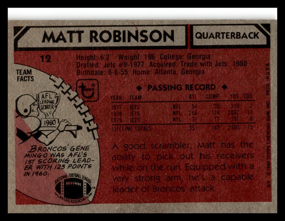 1980 Topps Matt Robinson #12 Denver Broncos | eBay
