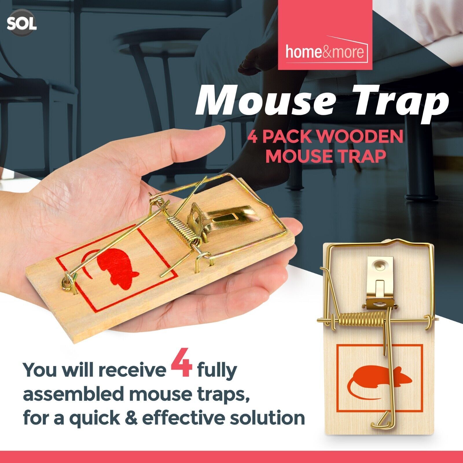 4 Wooden Mouse Traps Traditional Mice Rodent Pest Control Trap Reusable ...