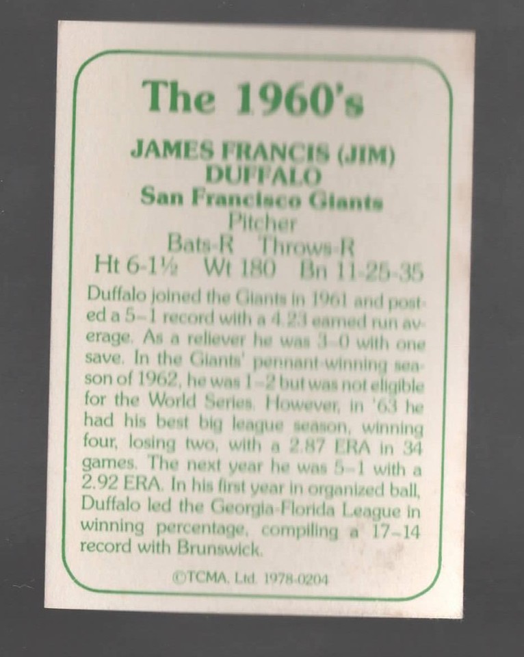 1978 TCMA The 1960's Jim Duffalo San Francisco Giants #204 Excellent | eBay