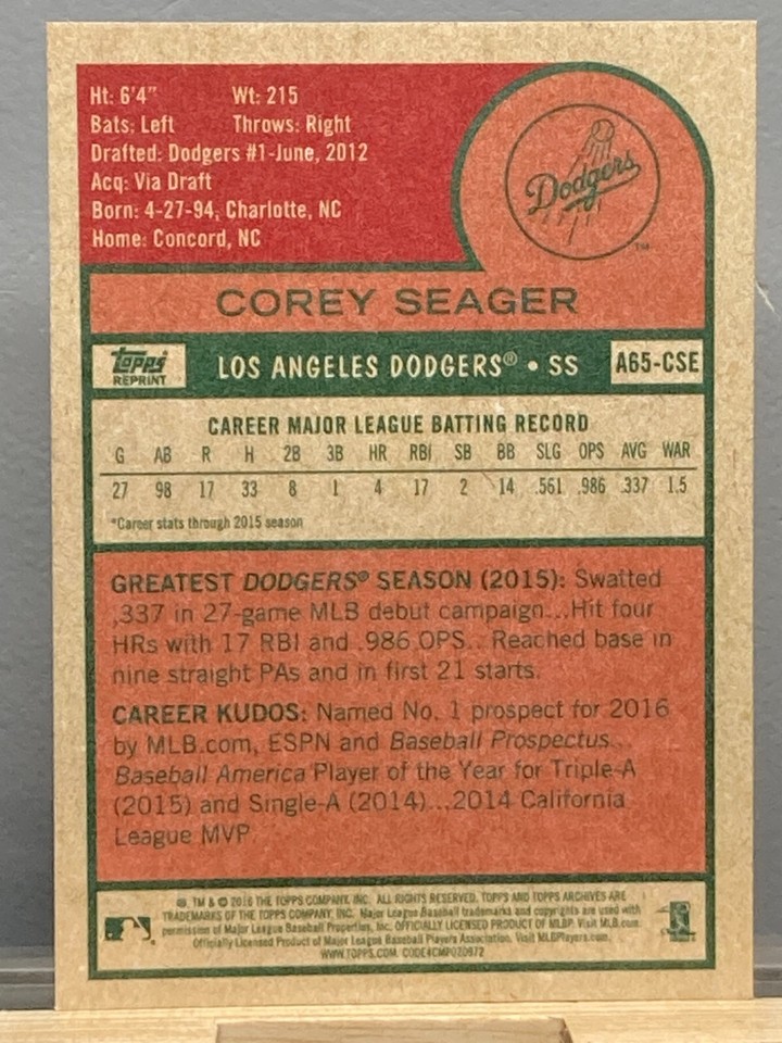 2016 Topps Archives 65th Anniversary #A65-CSE Corey Seager Rookie RC 0932 | eBay