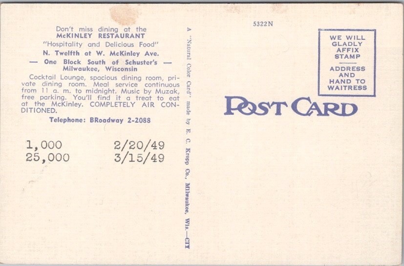 c1940s MILWAUKEE Wisconsin Postcard McKINLEY RESTAURANT 2 Views / Kropp ...