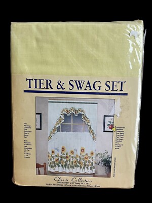 New Window Curtains Tiers & Swag Set Flowers Yellow Poppies 58”x36 ...