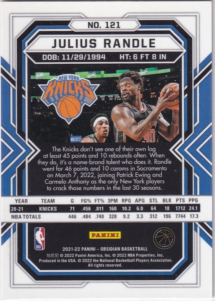 2021-22 Panini Obsidian NBA No. 121 Julius Randle Electric Etch Red ...