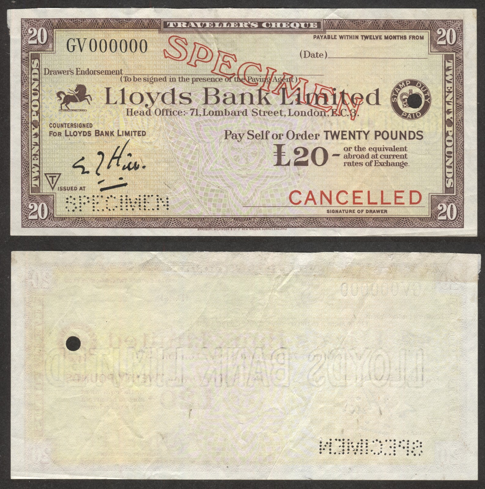 UK - Lloyds Bank LTD - 20 pounds - travellers cheque - SPECIMEN | eBay