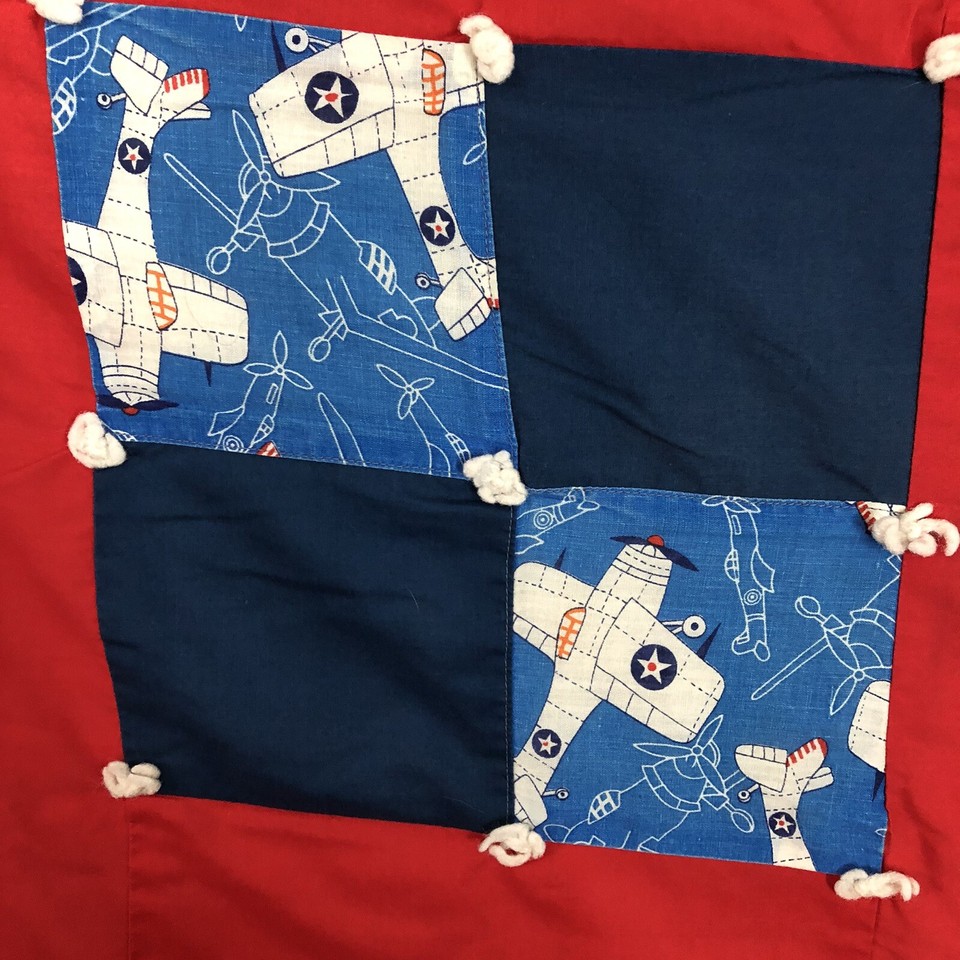 Handmade quilt topper 90 x 64 red 16 block pattern with blue and plane ...