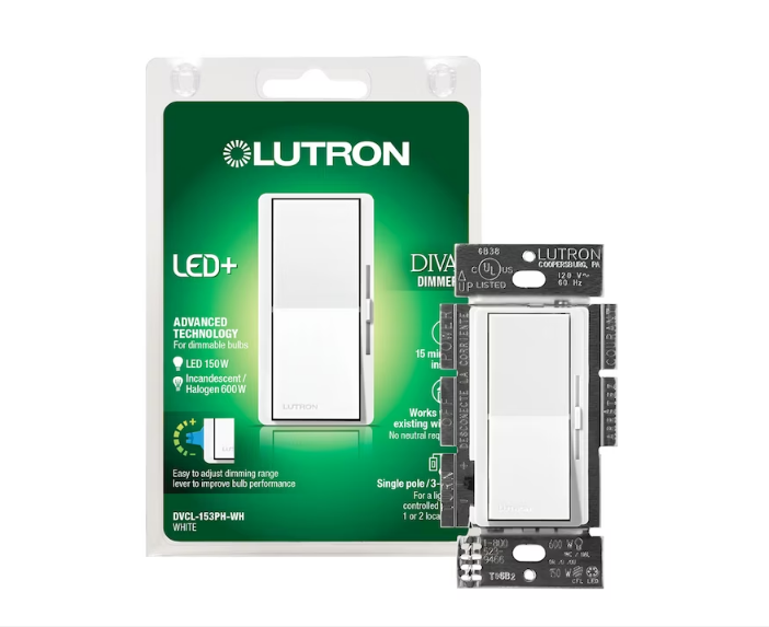 Lutron Diva Dimmer LED + Switch Advanced Technology Switch DVWCL-153PH ...