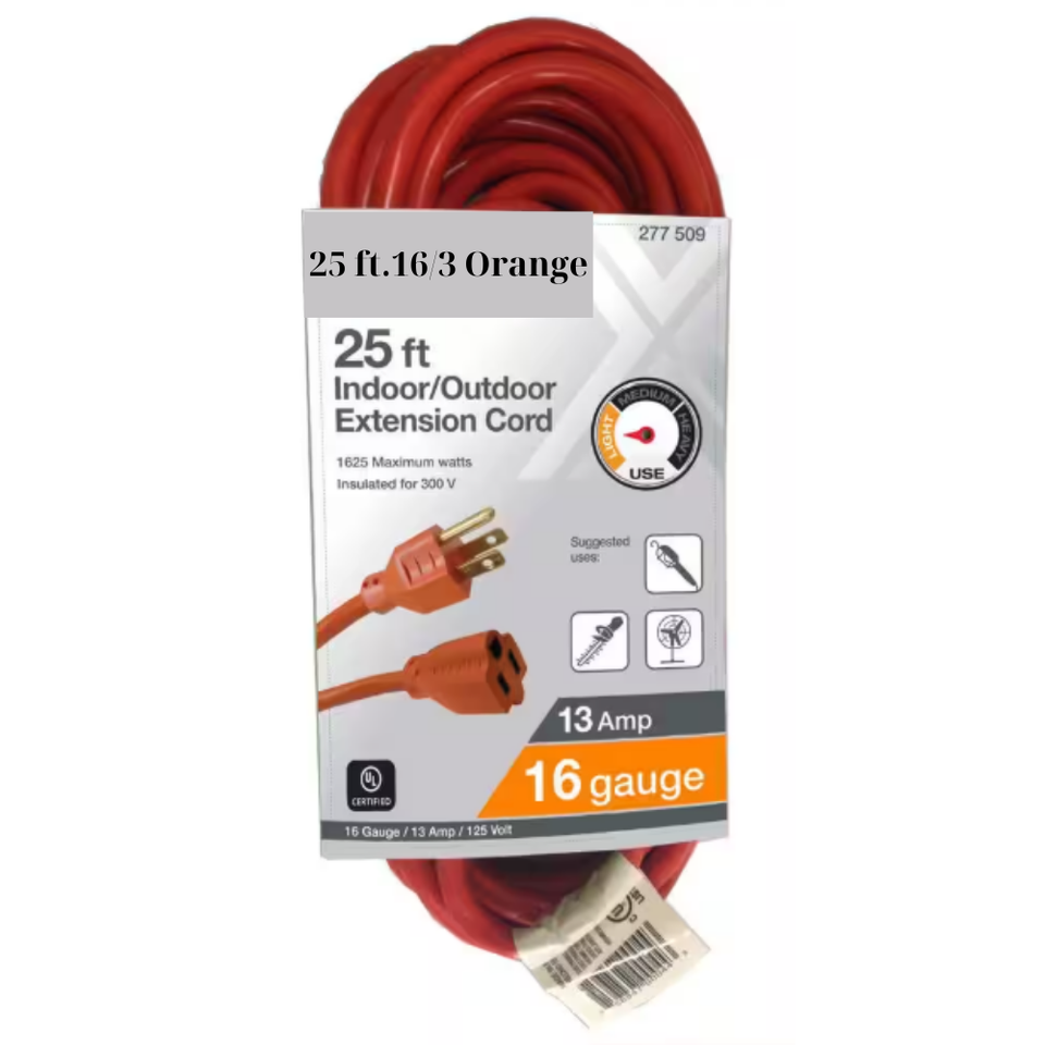 25/50/100 Foot Light Duty Outdoor/Indoor Extension Cord 16/3 Orange USA ...